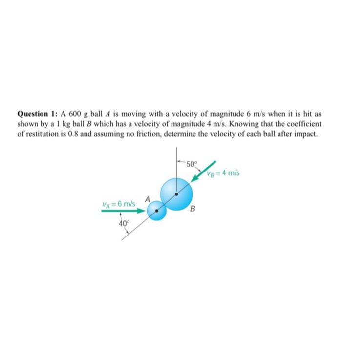 Solved Question 1: A 600g ball A is moving with a velocity | Chegg.com