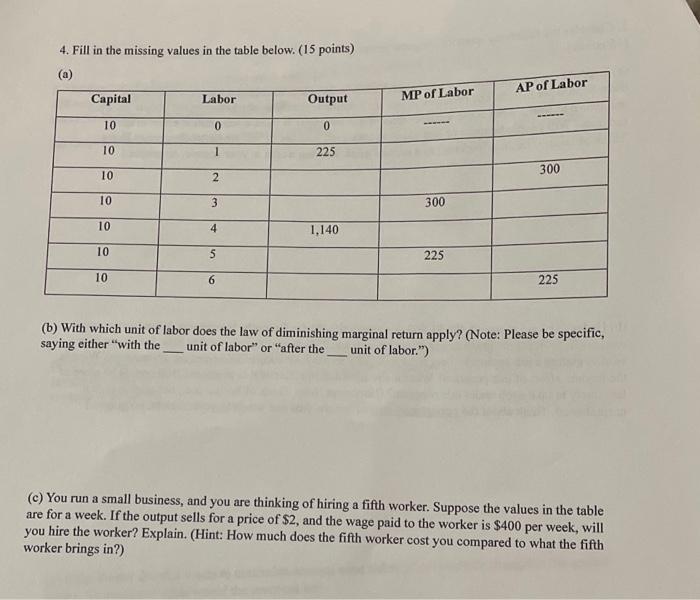 Solved 4. Fill in the missing values in the table below. (15 | Chegg.com