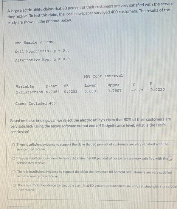 Solved A large electric utility claims that 80 percent of | Chegg.com