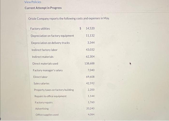 Solved View Policies Current Attempt in Progress Oriole | Chegg.com