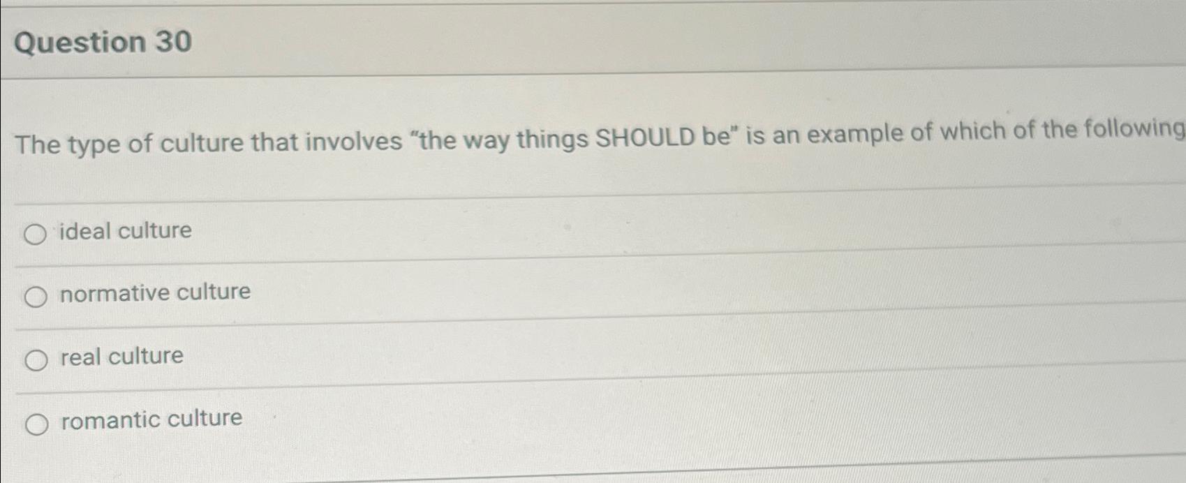 Solved Question 30The type of culture that involves "the way | Chegg.com