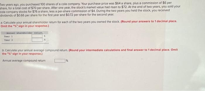 Solved wo years ago, you purchased 100 shares of a cola | Chegg.com