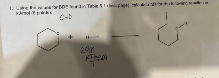 Solved 1. Using the values for BDE found in Table 6.1 (final | Chegg.com