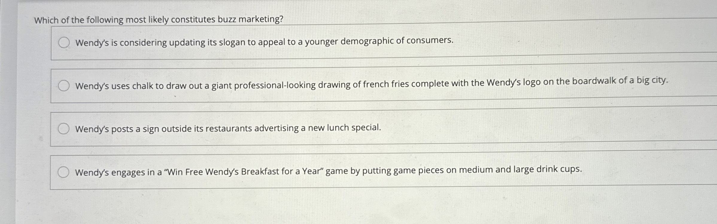 Solved Which of the following most likely constitutes buzz | Chegg.com