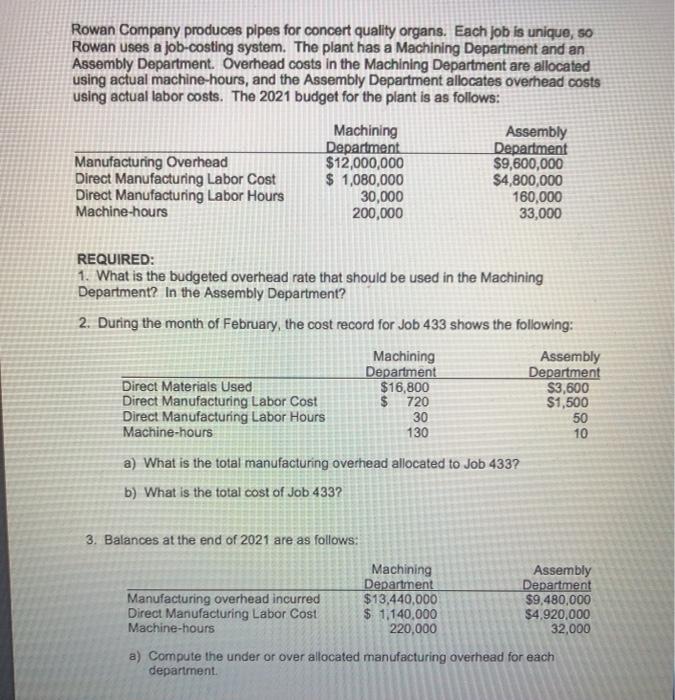 Solved Rowan Company produces pipes for concert quality | Chegg.com