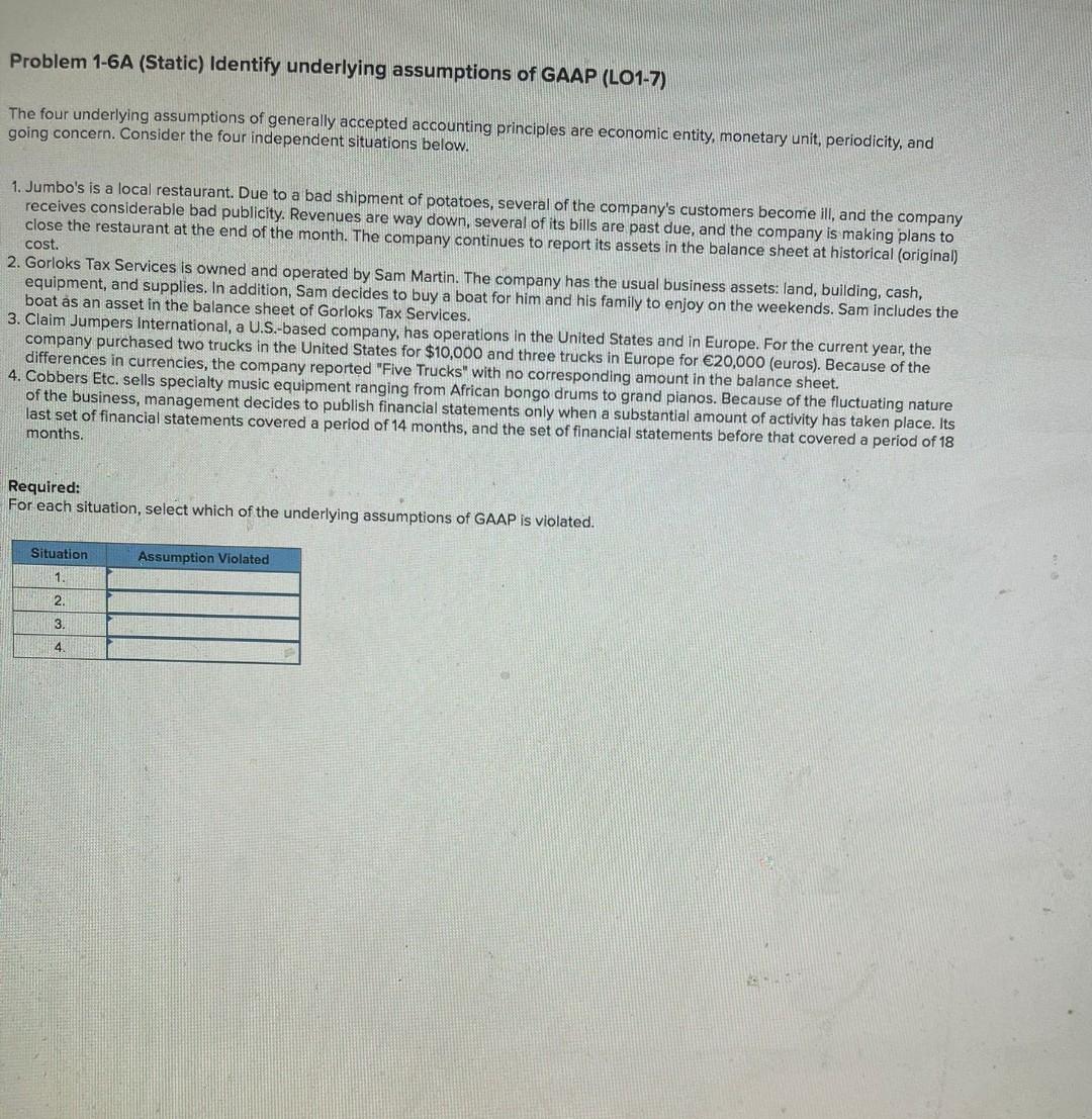 Solved Problem 1-6A (Static) Identify underlying assumptions | Chegg.com