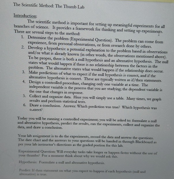 The Scientific Method: The Thumb Lab To be proper, | Chegg.com