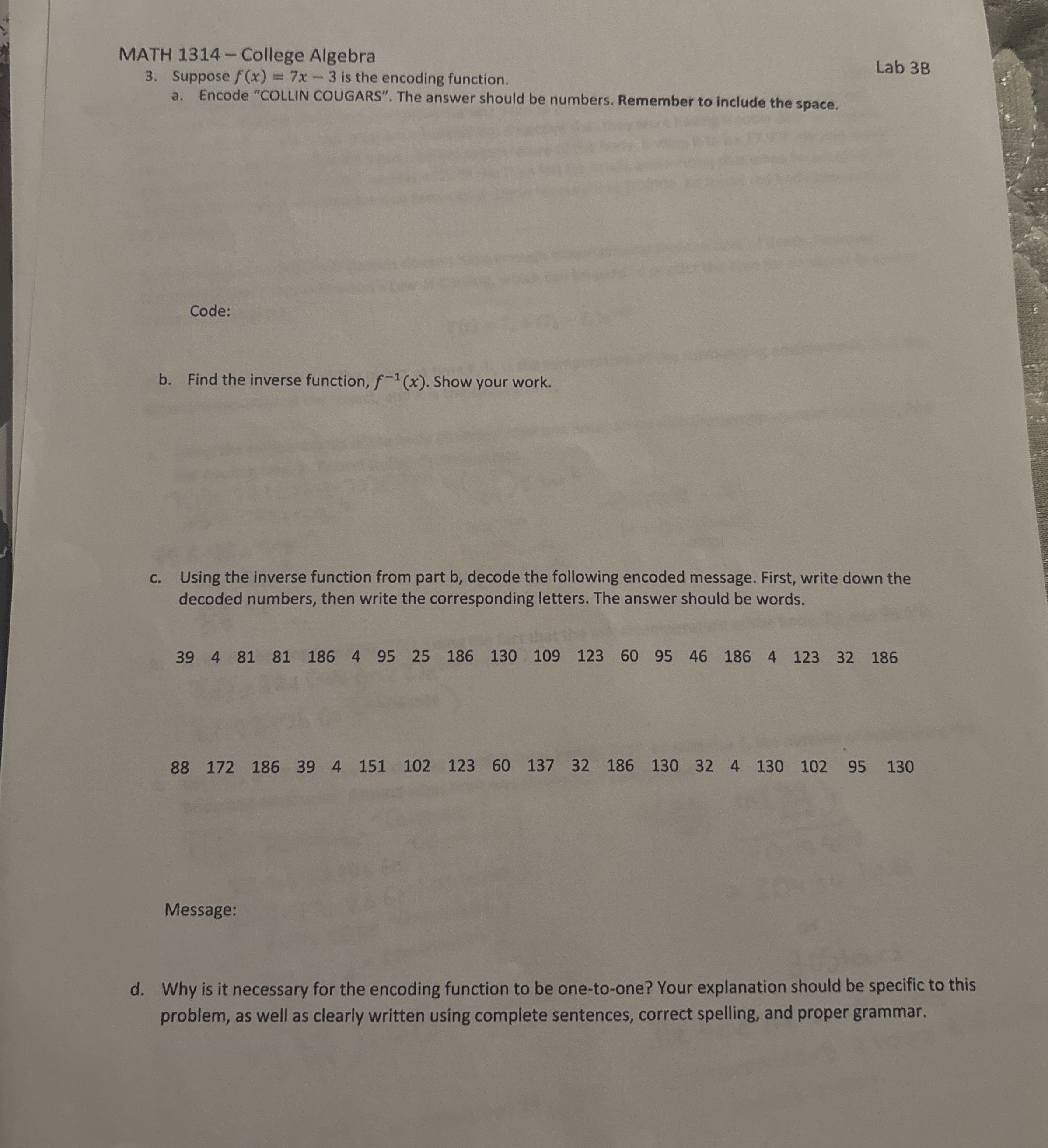 Solved MATH 1314 - ﻿College Algebra3. ﻿Suppose f(x)=7x-3 ﻿is | Chegg.com