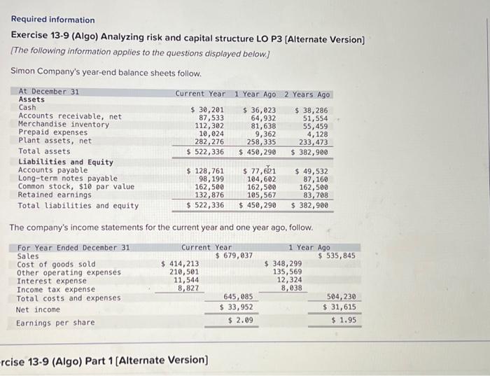 Solved Required information Exercise 13-9 (Algo) Analyzing | Chegg.com