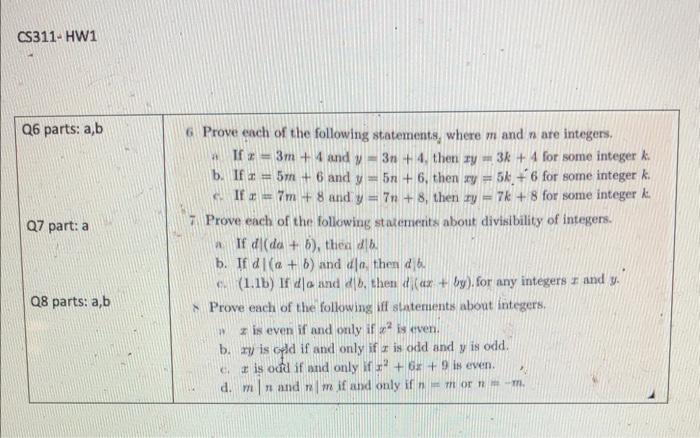 Solved CS311- HW1 Q6 parts: ab Q7 part: a Prove each of the | Chegg.com