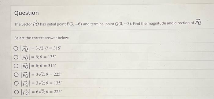 Solved The vector PQ has initial point P(3,−6) and terminal | Chegg.com