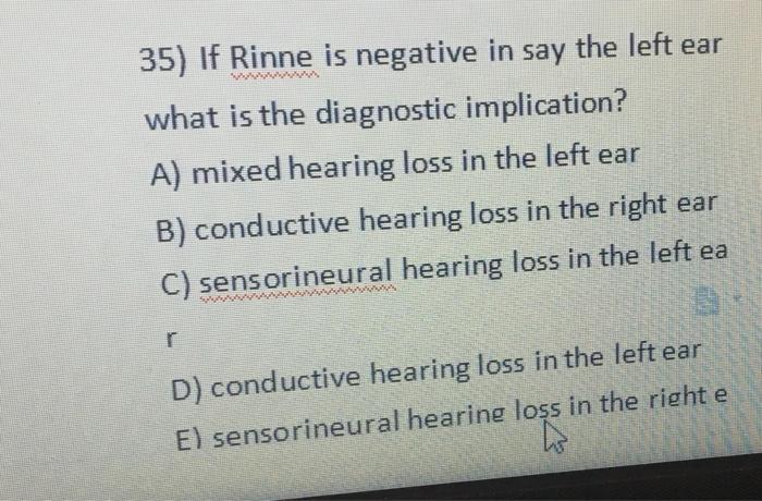Solved 35) If Rinne is negative in say the left ear what is | Chegg.com
