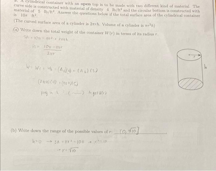 Solved cylindrical container with an open top is to be made | Chegg.com