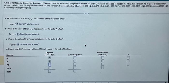 Solved A two-factor factorial design has 4 degrees of | Chegg.com