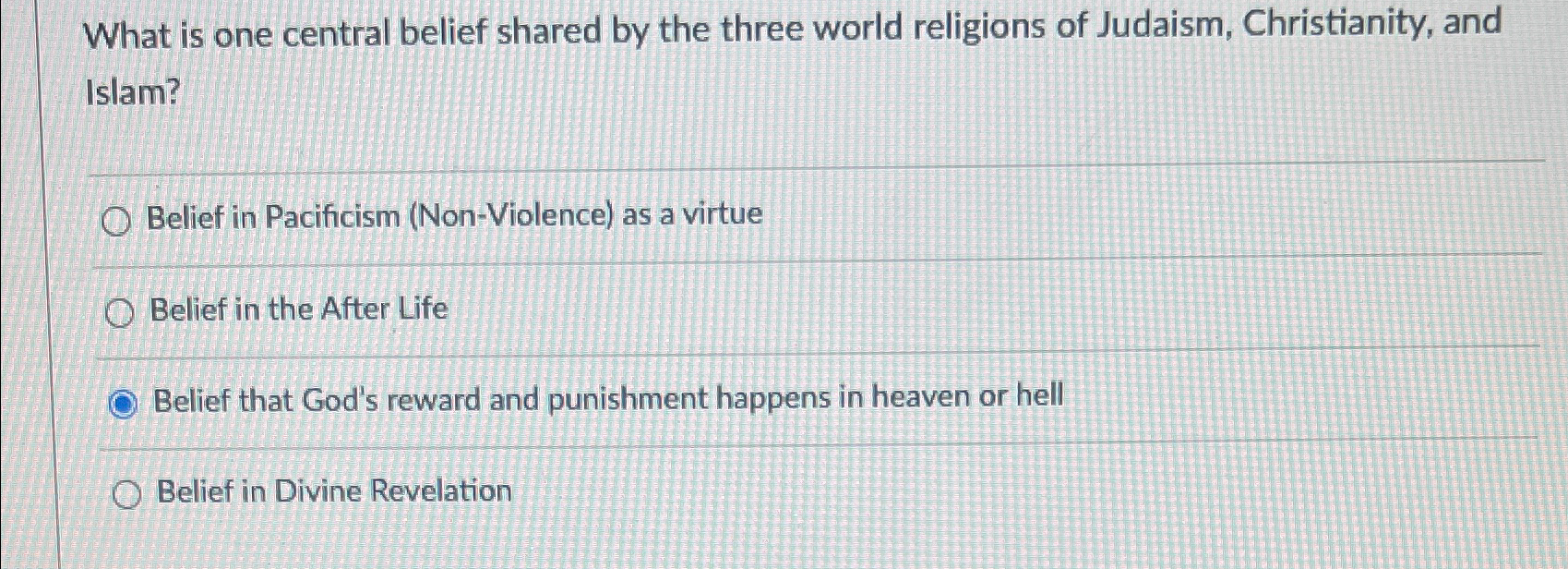Solved What is one central belief shared by the three world | Chegg.com