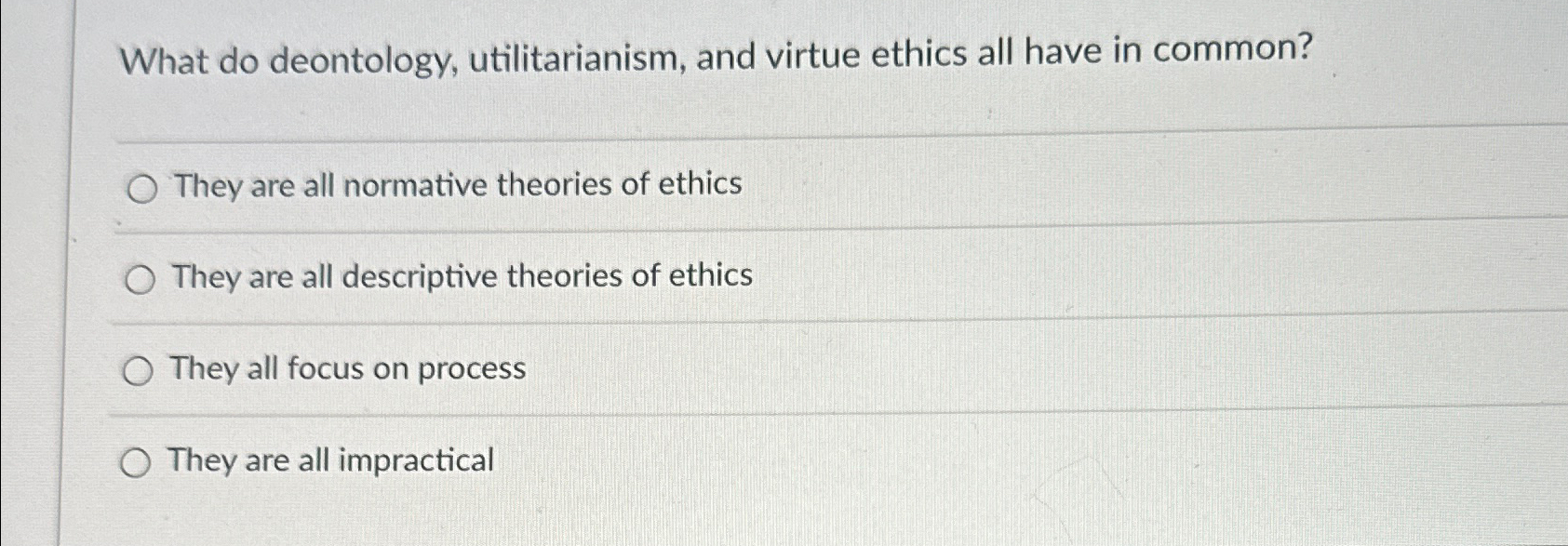 Solved What do deontology, utilitarianism, and virtue ethics | Chegg.com
