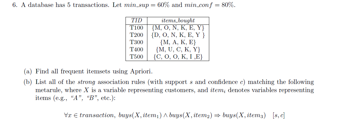 Solved A database has 5 ﻿transactions. Let min_sup =60% ﻿and | Chegg.com