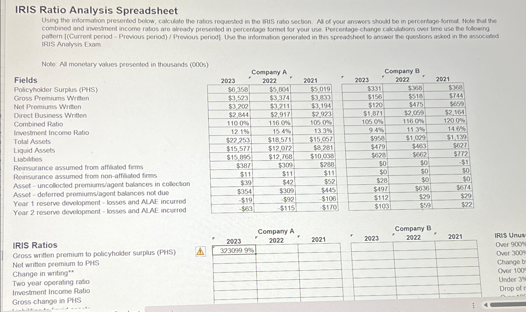 Solved IRIS Ratio Analysis SpreadsheetUsing the information | Chegg.com