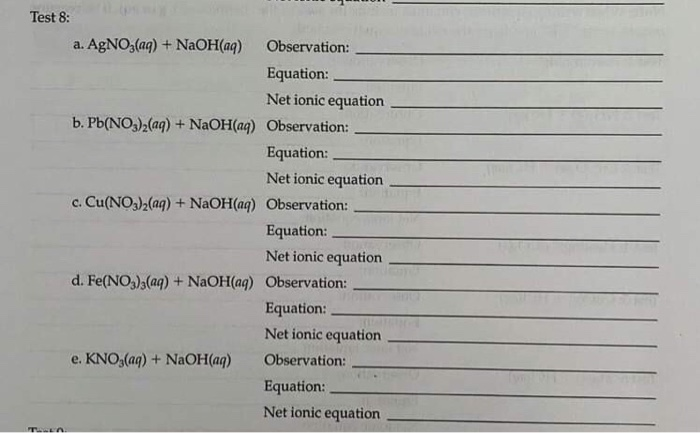 Solved Test 8: a. AgNO3(aq) + NaOH(aq) Observation: | Chegg.com