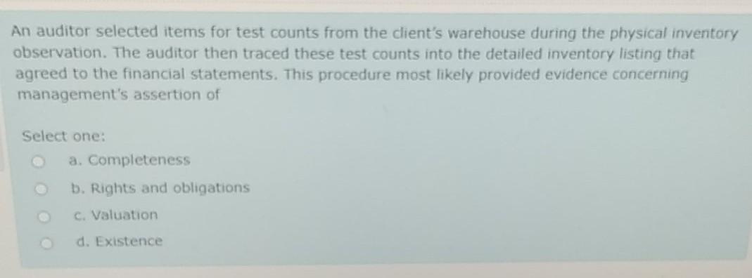 Solved An auditor selected items for test counts from the | Chegg.com