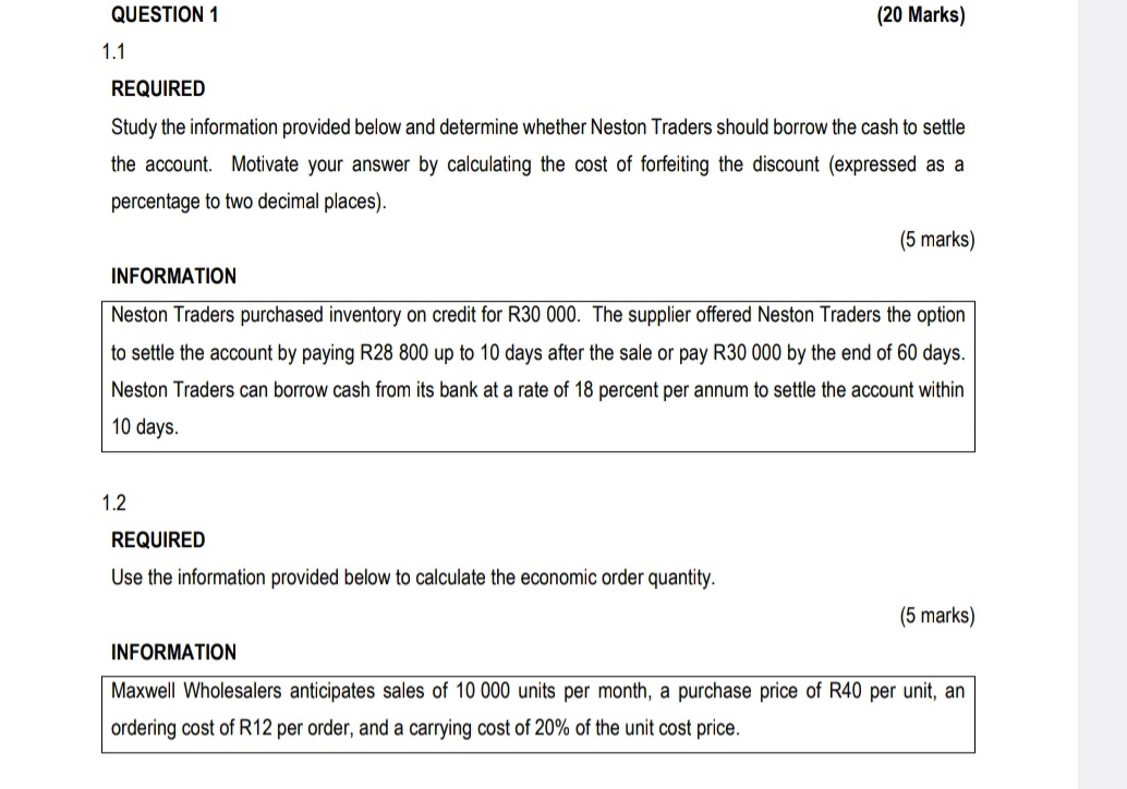 Solved QUESTION 1(20 ﻿Marks)1.1REQUIREDStudy the information | Chegg.com
