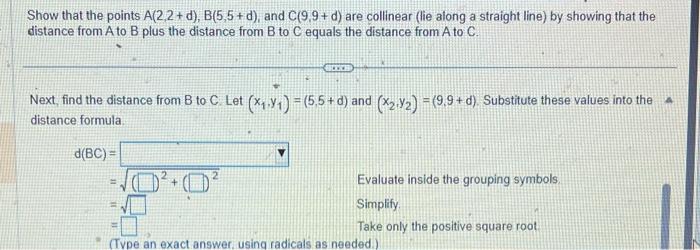 Solved Show that the points A(2,2+ d), B(5,5+d), and C(9,9+ | Chegg.com