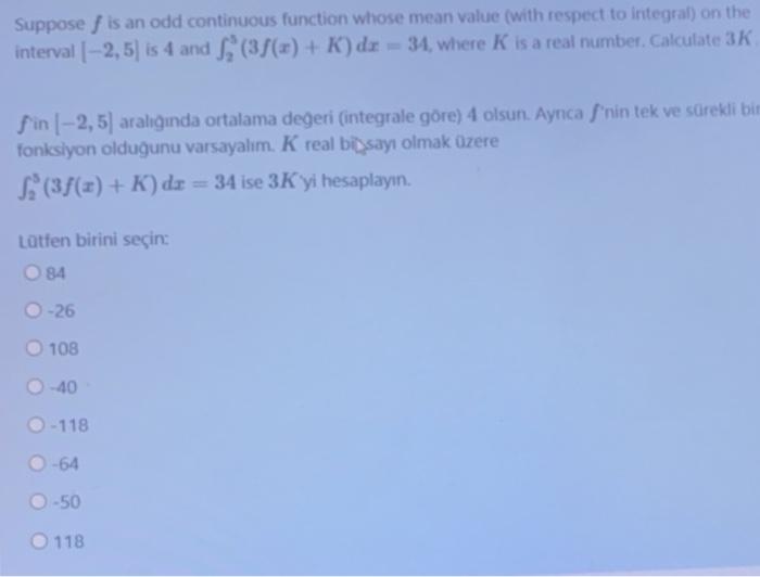 Solved Suppose f is an odd continuous function whose mean | Chegg.com