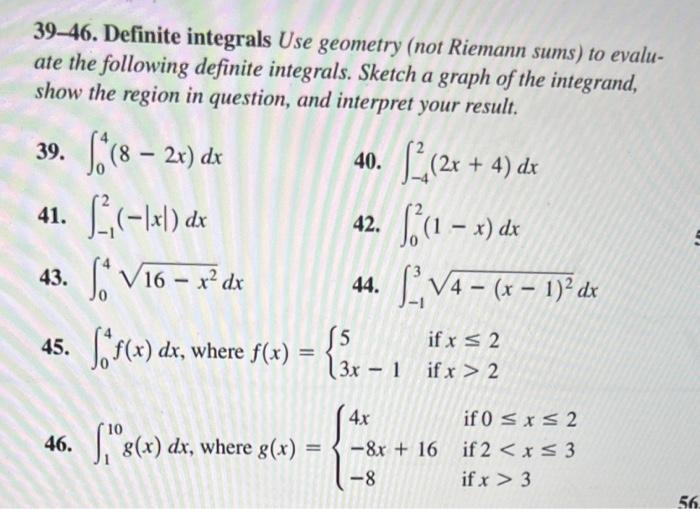 Solved 39-46. Definite integrals Use geometry (not Riemann | Chegg.com