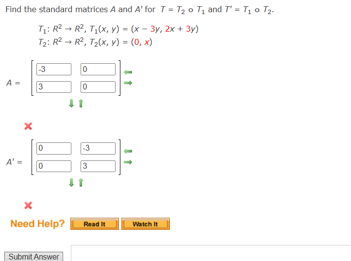 Solved Find the standard matrices A and A' ﻿for T=T2@T1 ﻿and | Chegg.com