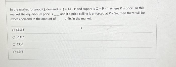Solved In the market for good Q, demand is Q = 14 - P and | Chegg.com