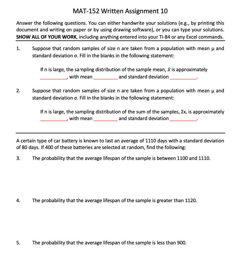 Solved MAT-152 ﻿Written Assignment 10Answer the following | Chegg.com