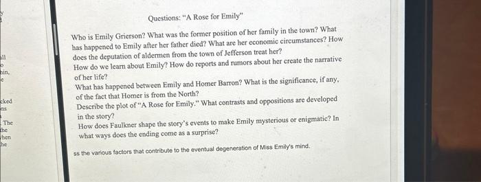 Questions: "A Rose for Emily" Who is Emily Grierson? | Chegg.com