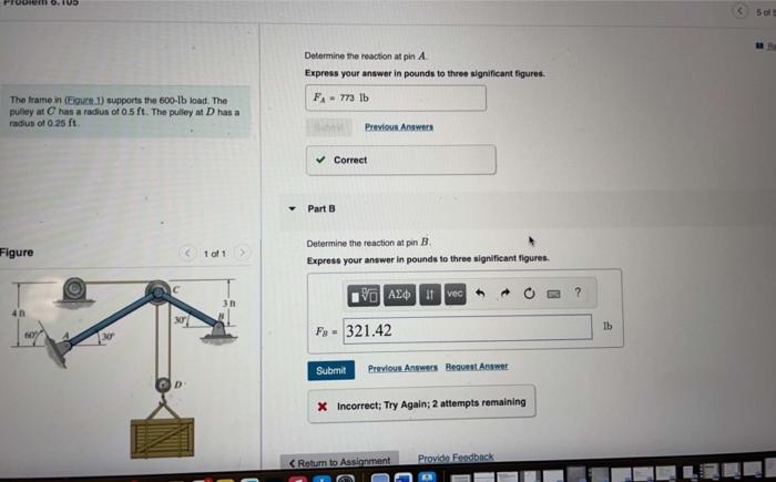 Solved Determine the resction at pin A. Express your answer | Chegg.com
