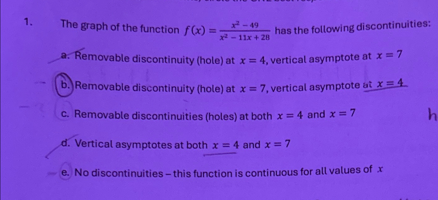 Solved The graph of the function f(x)=x2-49x2-11x+28 ﻿has | Chegg.com