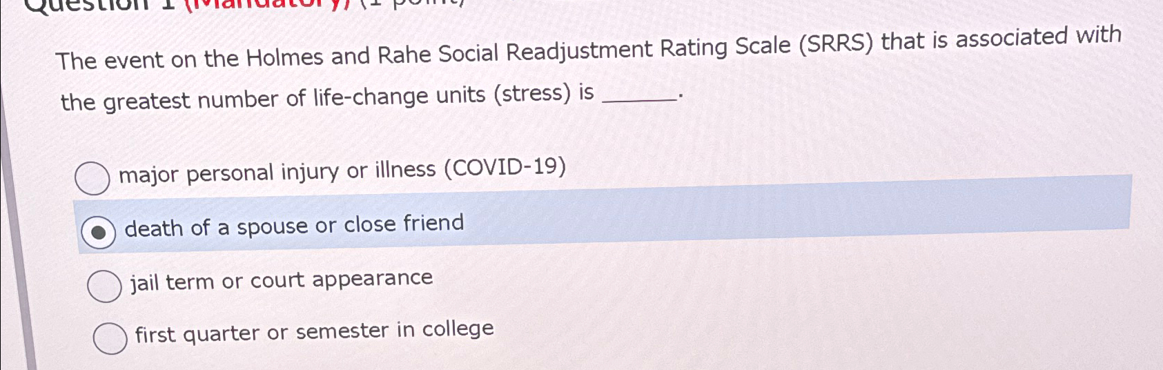 Solved The event on the Holmes and Rahe Social Readjustment | Chegg.com