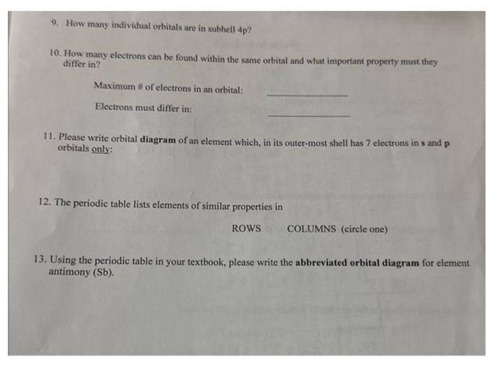 Solved 9. How many individual orbitals are in subhell 4p ? | Chegg.com