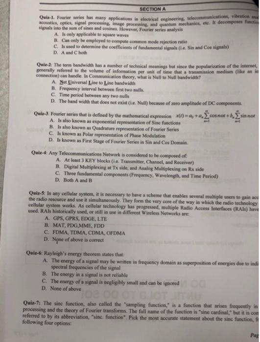 SECTION A Quie-1. Fourier series has many | Chegg.com