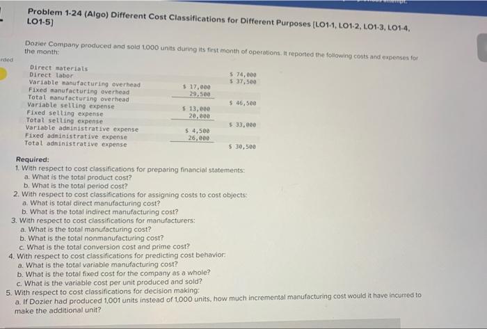 Solved Problem 1-24 (Algo) Different Cost Classifications | Chegg.com Solved Problem 1-24 (Algo) Different Cost Classifications | Chegg.com