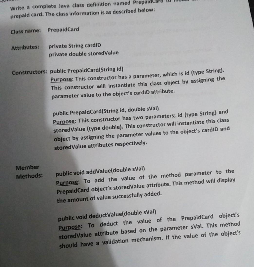 Solved Write a complete Java class definition named Prepaid | Chegg.com