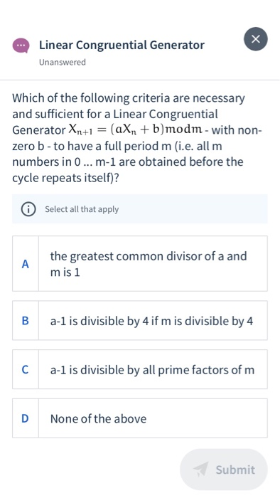 Linear Congruential Generator: Example 1 Unanswered | Chegg.com