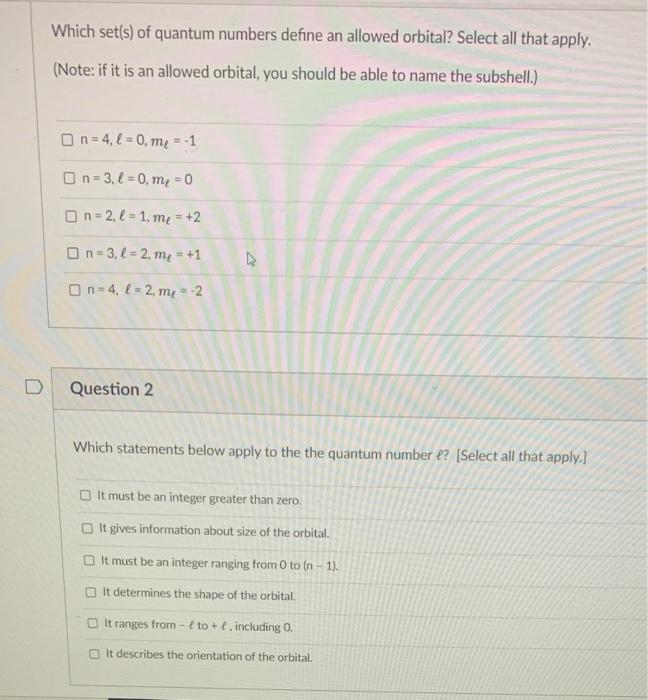 Solved Which set(s) of quantum numbers define an allowed | Chegg.com