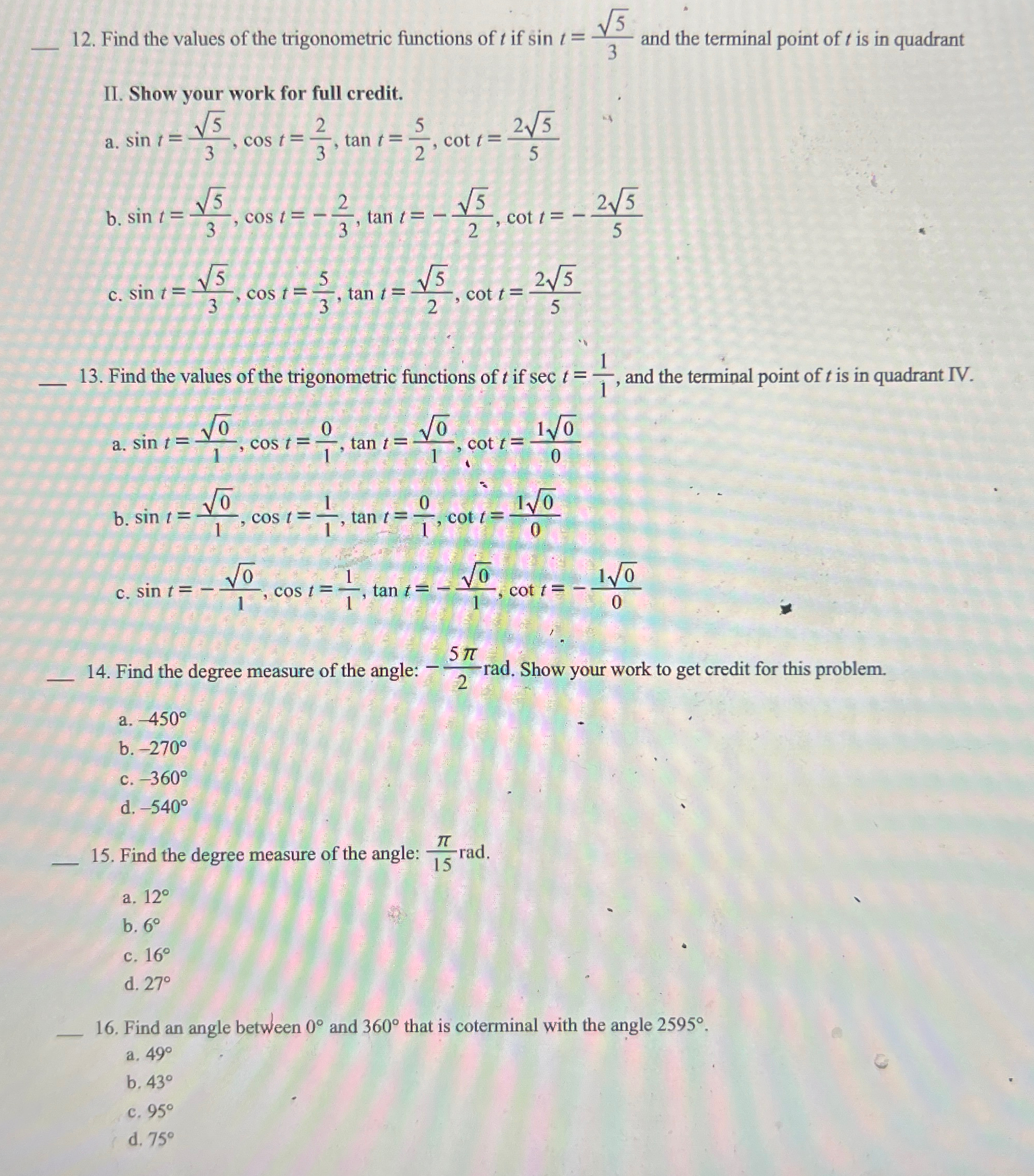 Solved Answer #12-16Find the values of the trigonometric | Chegg.com