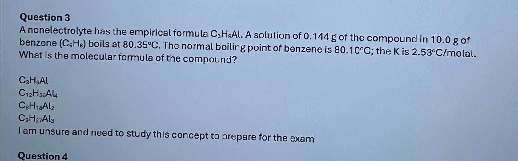 Solved Question 3A nonelectrolyte has the empirical formula | Chegg.com