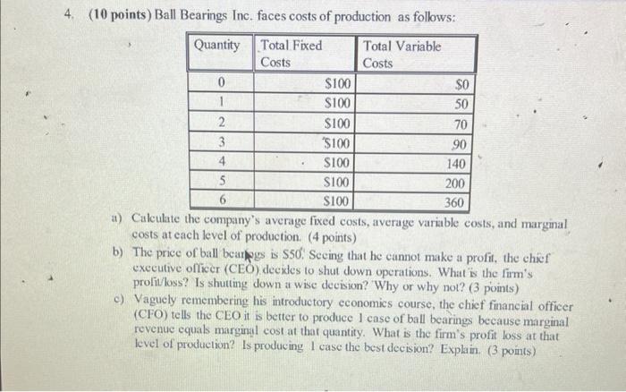 Solved 4. (10 points) Ball Bearings Inc. faces costs of | Chegg.com