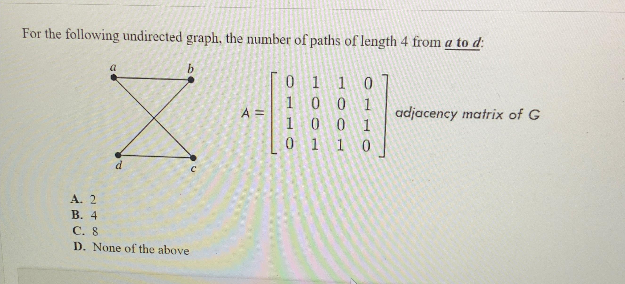 Solved For the following undirected graph, the number of | Chegg.com