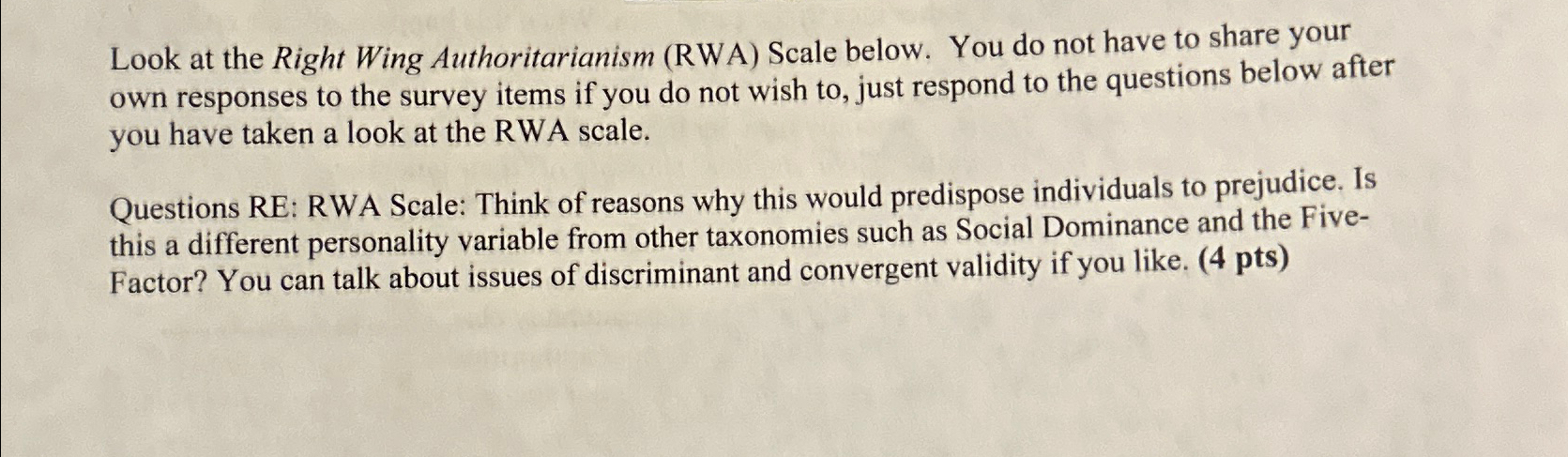 Solved Look at the Right Wing Authoritarianism (RWA) ﻿Scale | Chegg.com