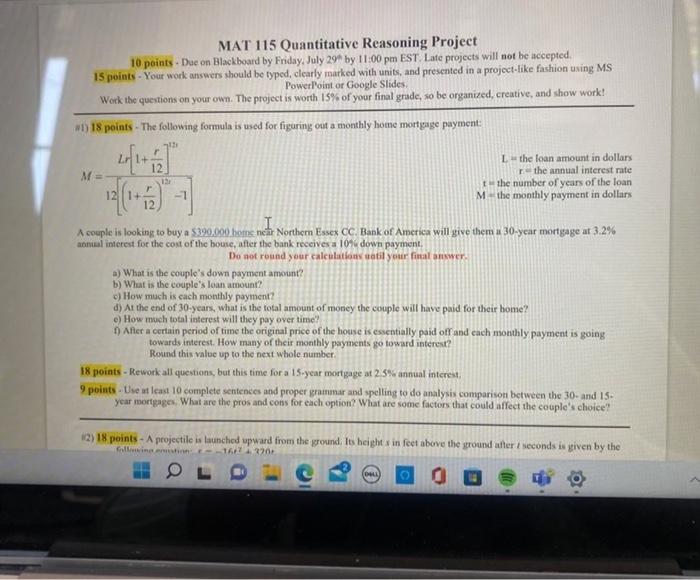 MAT 115 Quantitative Reasoning Project 10 points - | Chegg.com
