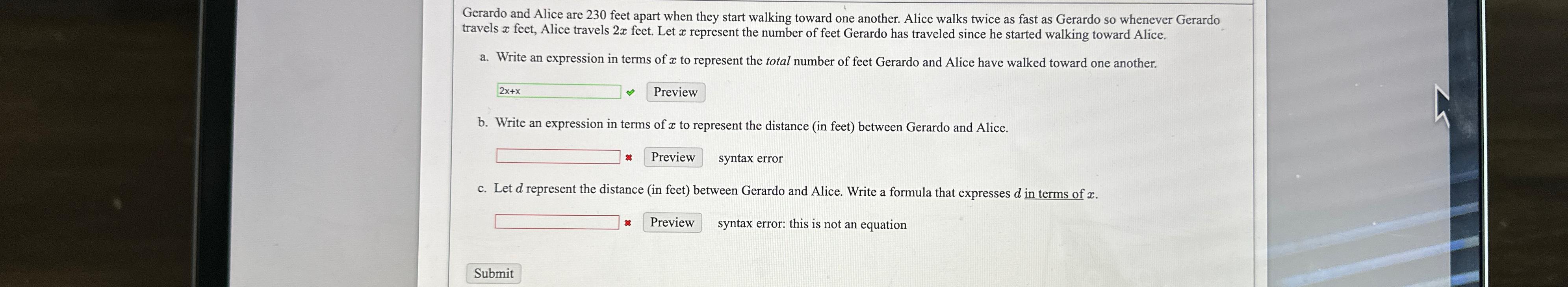 Solved Gerardo and Alice are 230 ﻿feet apart when they start | Chegg.com