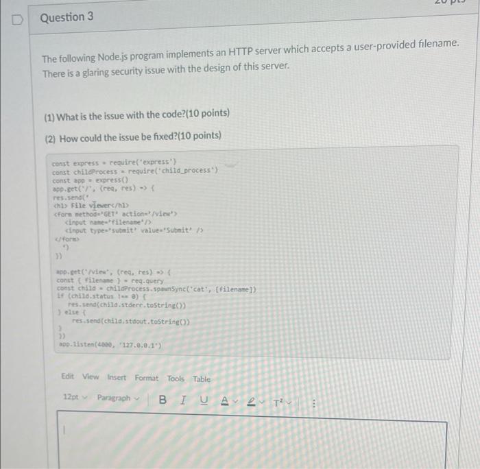 D Question 3 The following Node.js program implements | Chegg.com