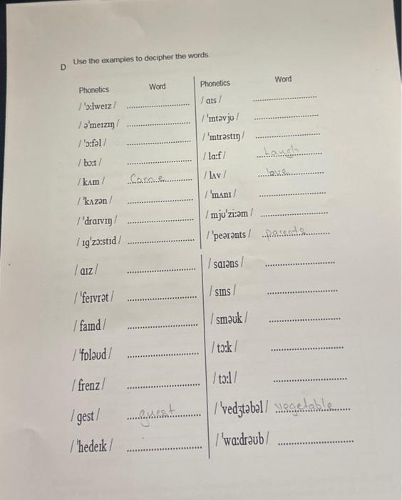 Use the examples to decipher the words | Chegg.com